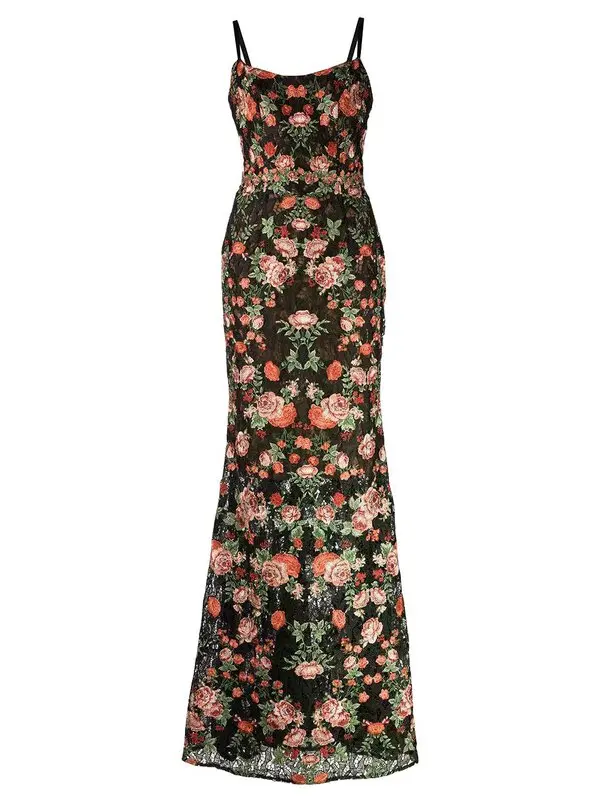 Marchesa Embroidered Floral Evening Gown - Black
