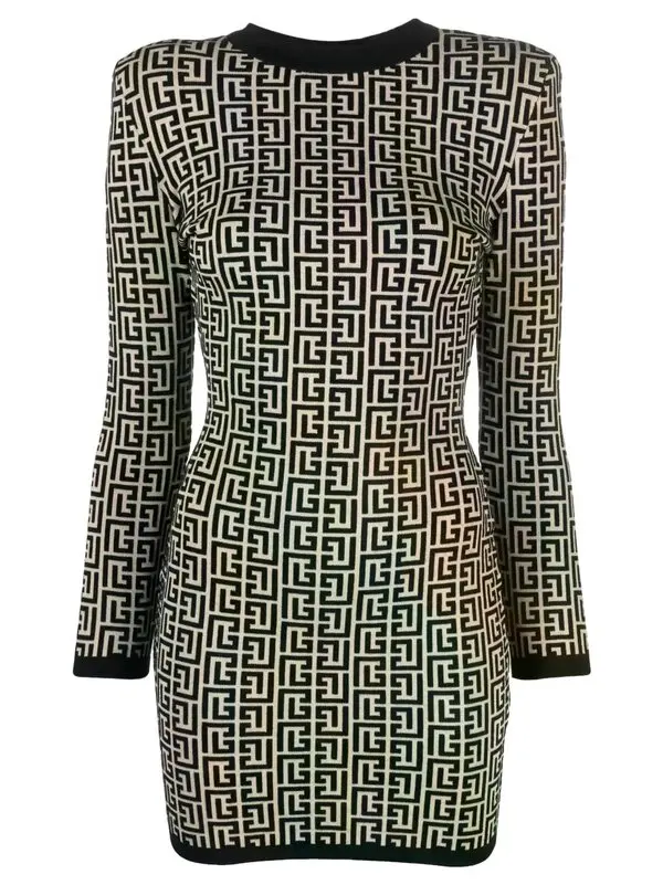 Balmain Monogram-print Wool-blend Dress - Neutrals