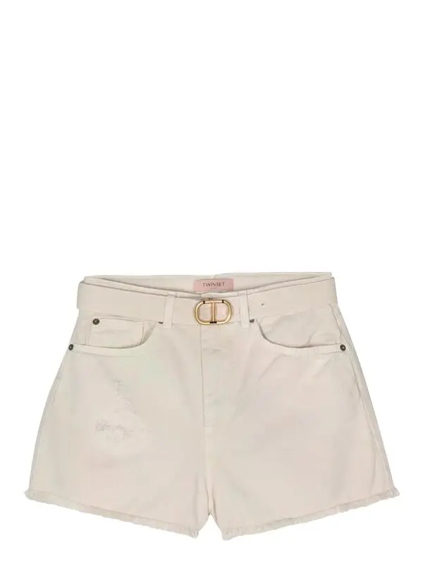 TWINSET Frayed Belted Denim Shorts - Neutrals