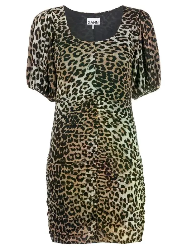 GANNI Leopard-print Ruched Mini Dress - Brown