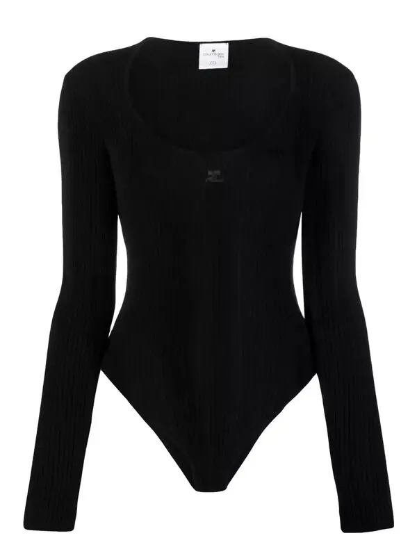 COURREGES Logo-embroidered Ribbed-knit Bodysuit - Black