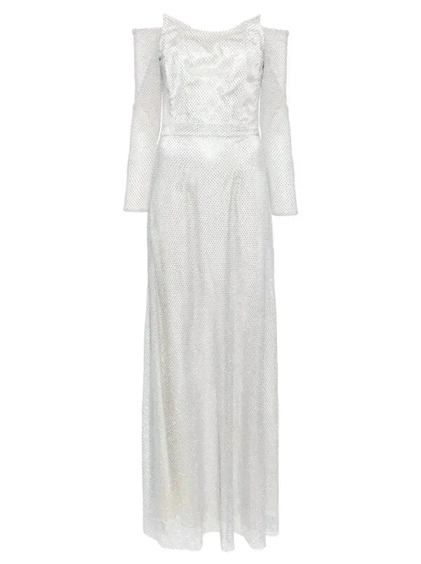 BAZZA ALZOUMAN Rhinestone-embellished Off-shoulder Gown - Silver