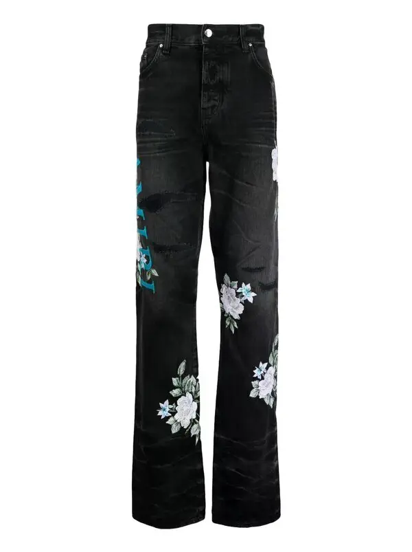 Amiri Floral-print Straight-leg Jeans - Black