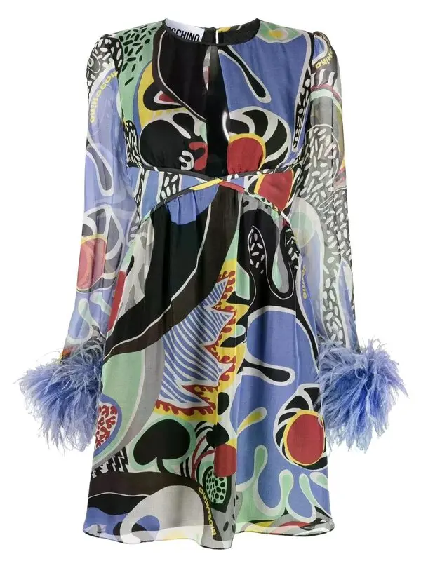 Moschino Feather-trim Psychedelic Print Dress - Black
