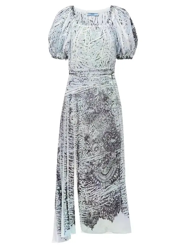 Prada Coral-print Silk Midi Dress - Grey