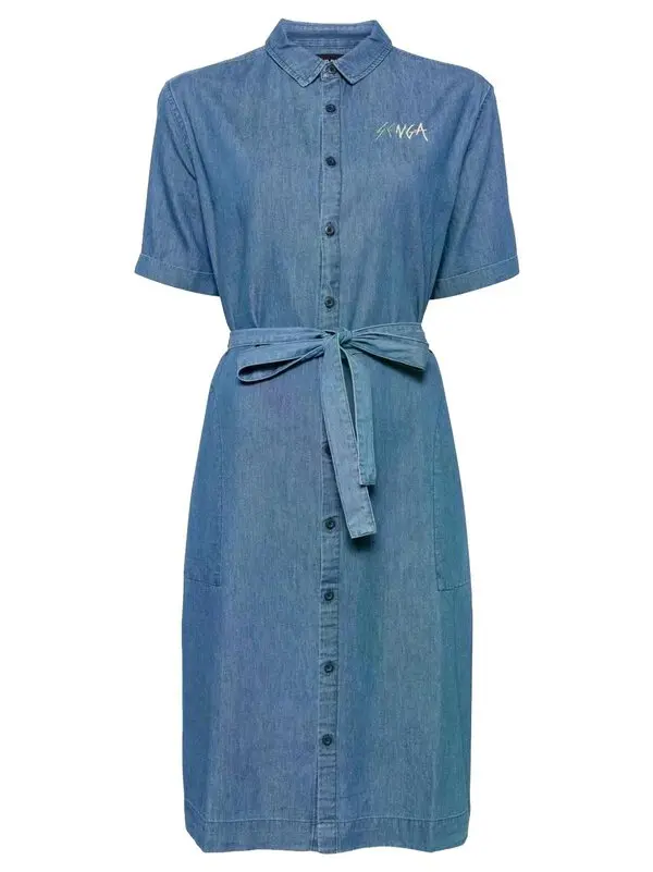 AGNES B. Embroidered Detail Belted Buttoned Dress - Blue