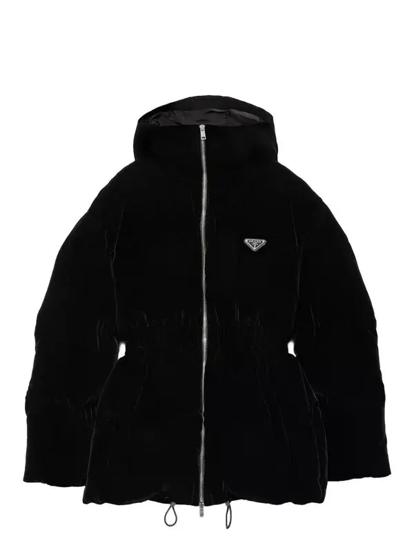 Prada Velvet Puffer Jacket With Triangle Logo - Black