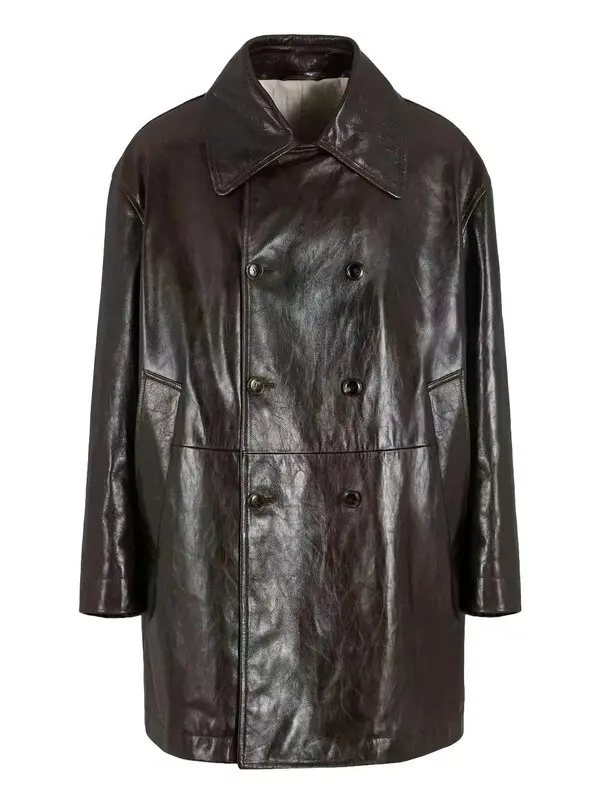 Giorgio Armani Leather Double-breasted Coat - Brown