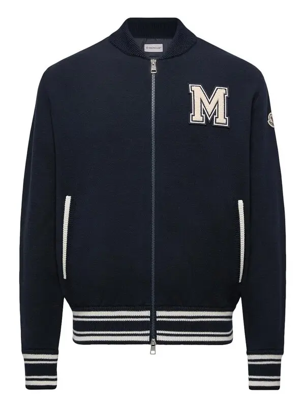 Moncler Embroidered Monogram Padded Wool Blend Cardigan - Blue