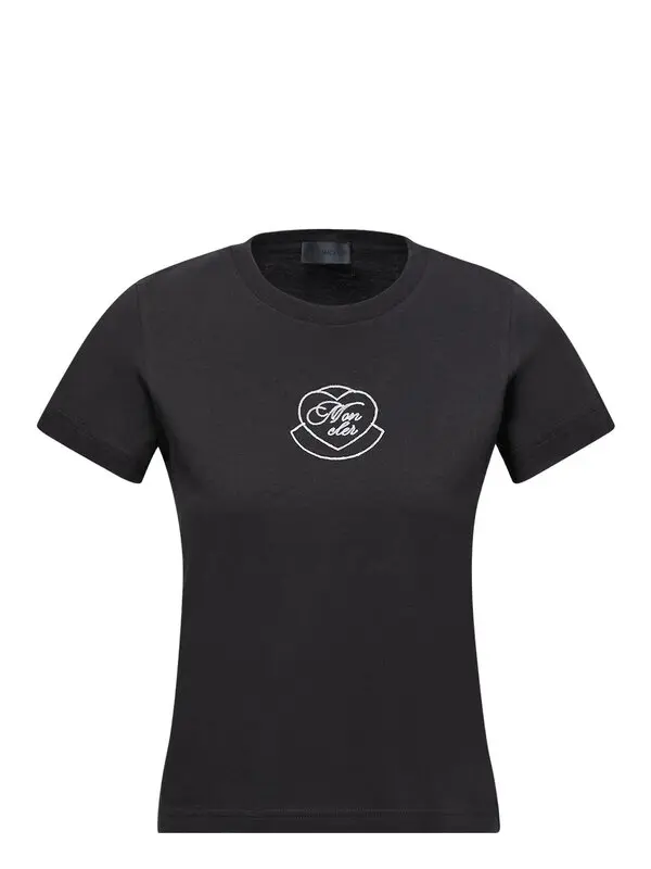Moncler Embroidered Heart Logo Cotton T-shirt - Black