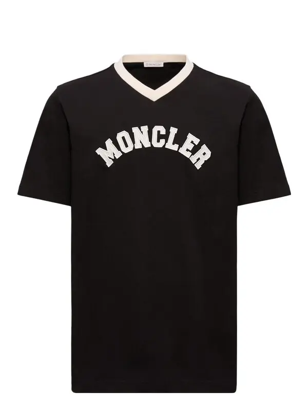 Moncler Embroidered Logo Cotton Piquet V-neck T-shirt - Black