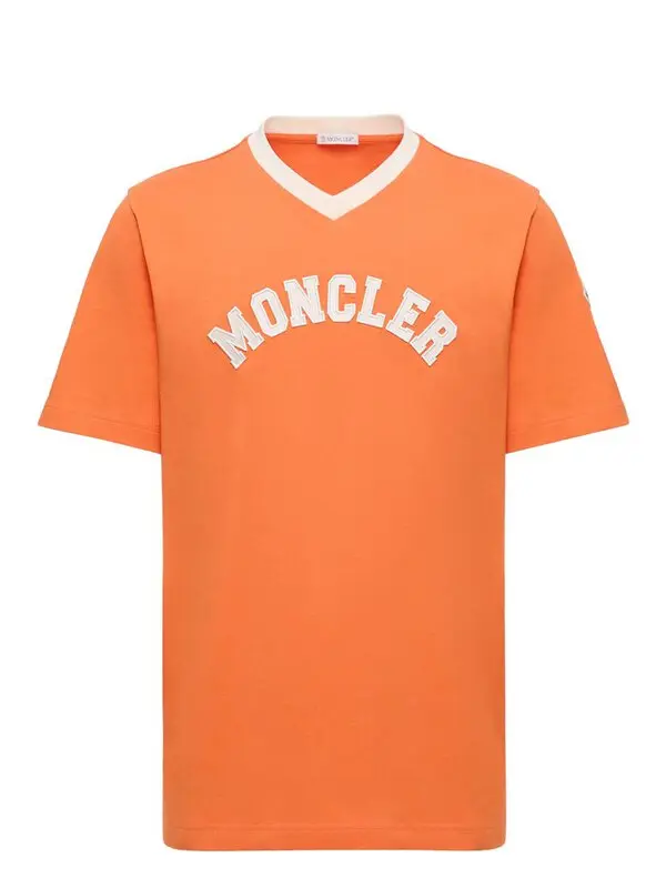 Moncler Embroidered Logo Cotton Piquet V-neck T-shirt - Orange