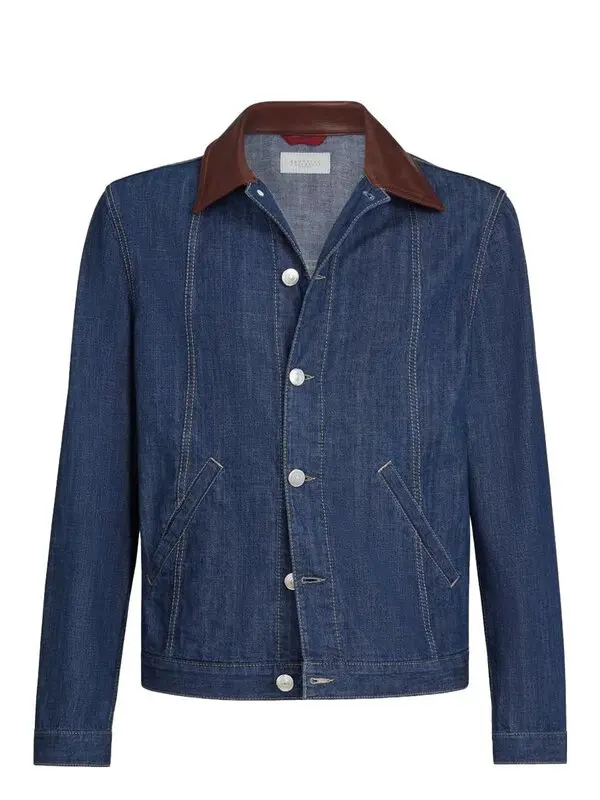 Brunello Cucinelli Denim Jacket With Leather Collar - Blue