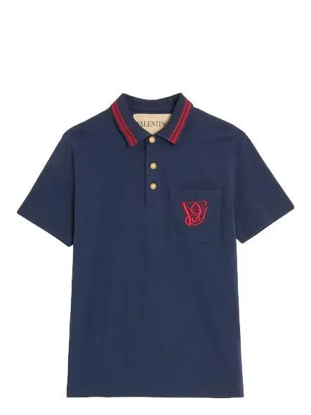 Valentino Garavani Cotton Piqué Polo Shirt With Vg Embroidery - Blue