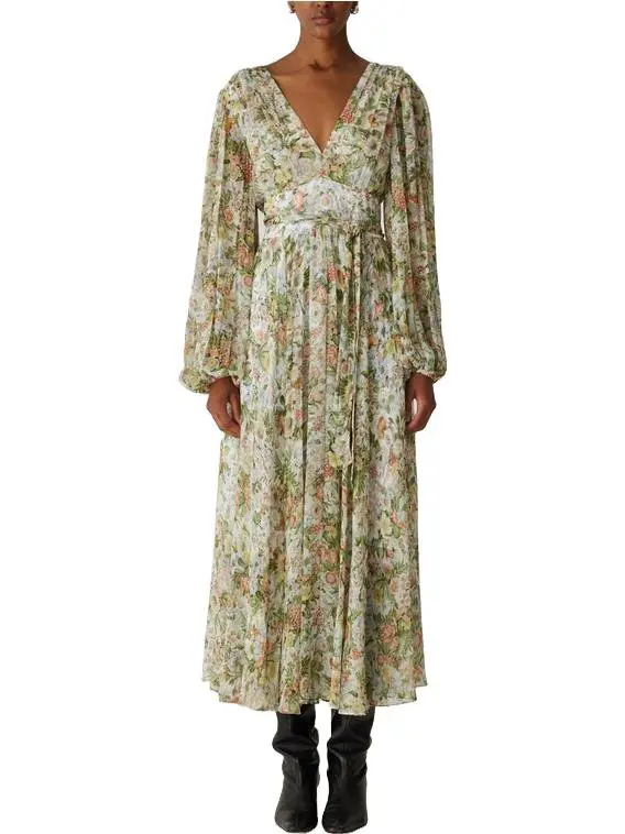 Rebecca Taylor Viscose Chiffon Blouson Sleeve Midi Dress - Floral