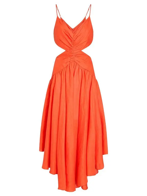 Zimmermann Asymmetric Cutout Linen Midi Dress - Orange