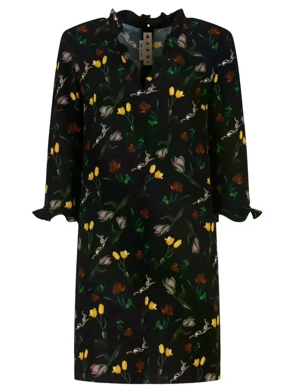 Marni Floral-print Ruffled Mini Dress - Black