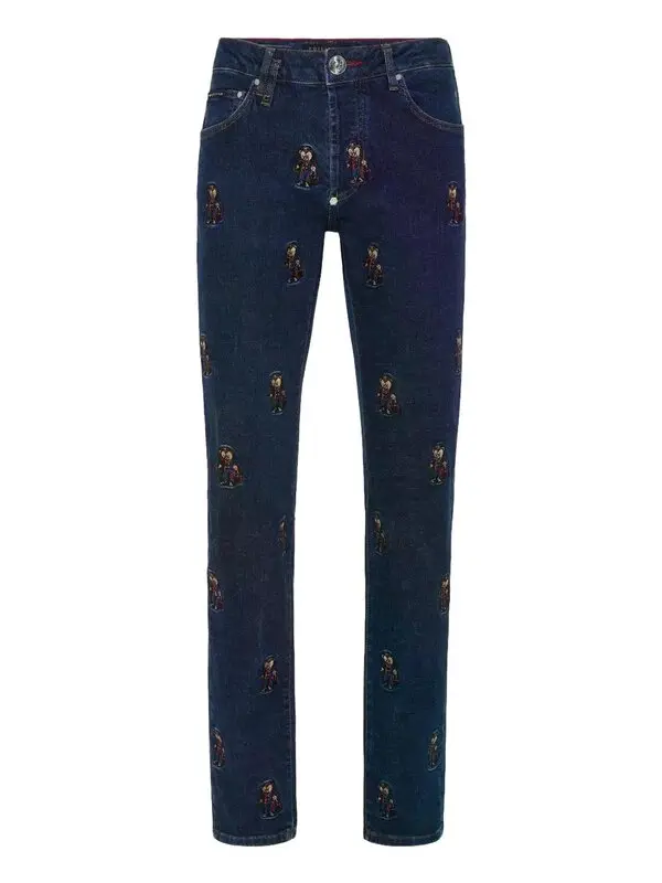 Philipp Plein Bear-embroidered Jeans - Blue