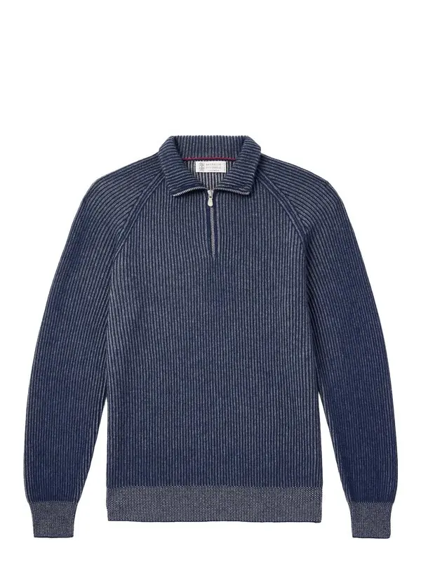 Brunello Cucinelli Striped Ribbed Cashmere Half-zip Sweater - Blue