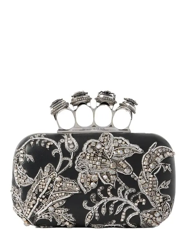 Alexander McQueen Crystal-embellished Embroidered Leather Knuckle Clutch - Silver