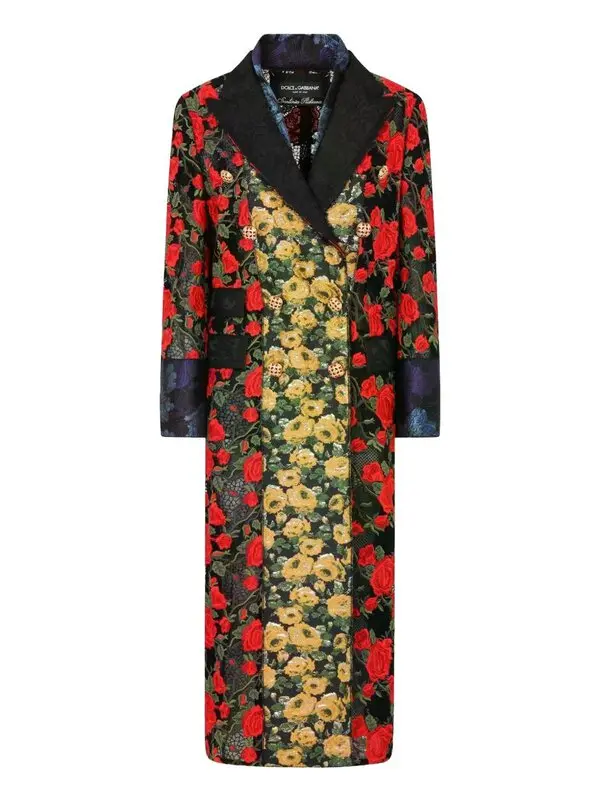Dolce & Gabbana Floral-jacquard Double-breasted Coat - Black