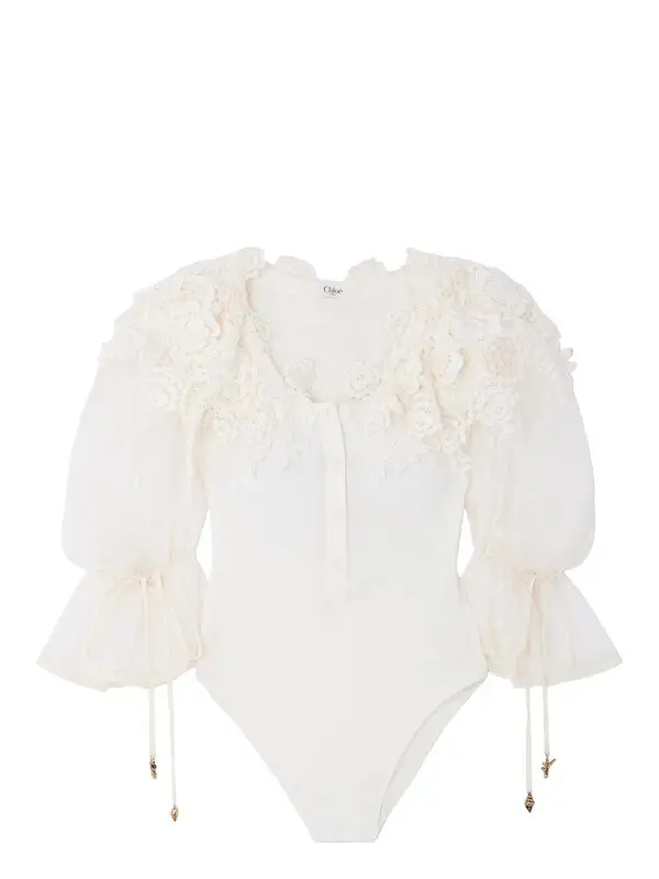 Chloé Embellished Lace-trimmed Cotton Bodysuit - White