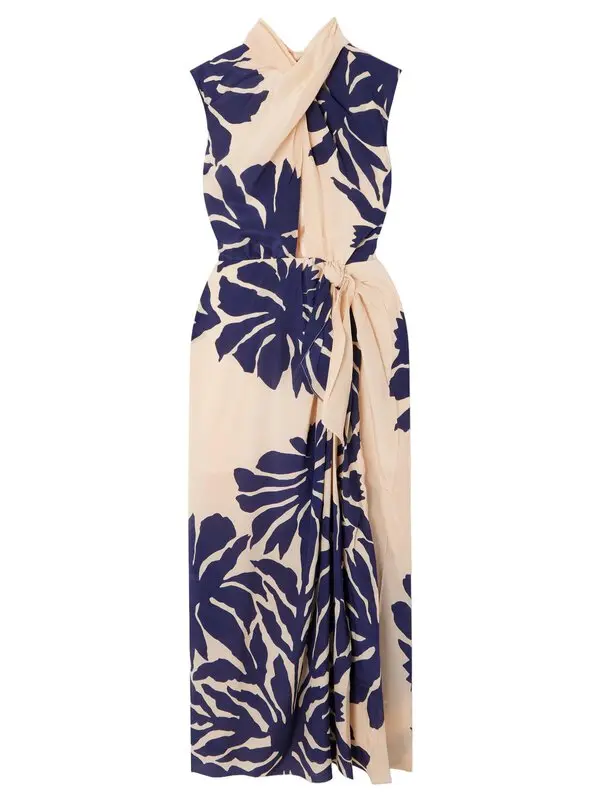 Johanna Ortiz City Wonders Tie-front Cutout Draped Printed Silk Crepe De Chine Midi Dress - Neutrals