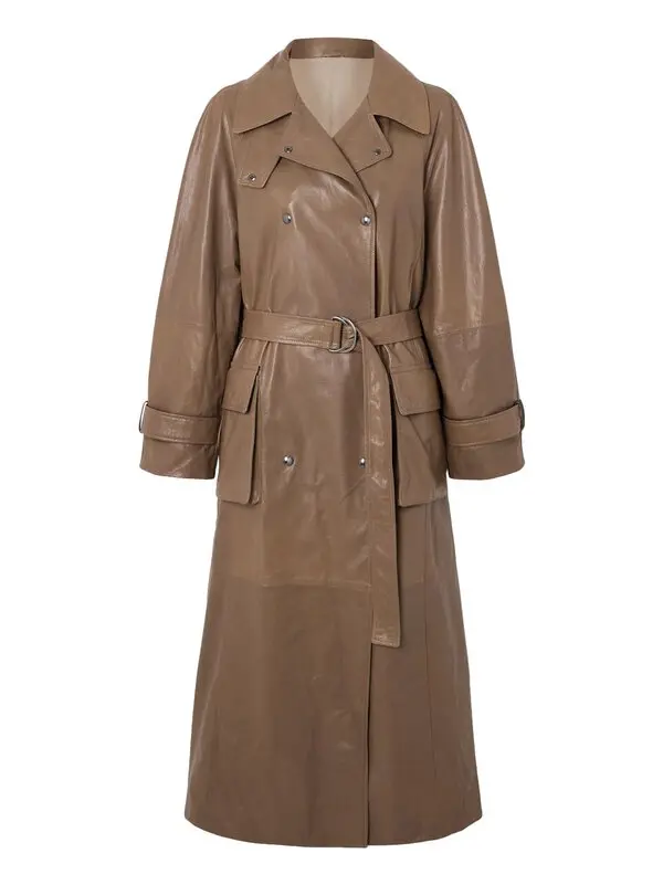 Brunello Cucinelli Bead-embellished Belted Double-breasted Leather Trench Coat - Brown