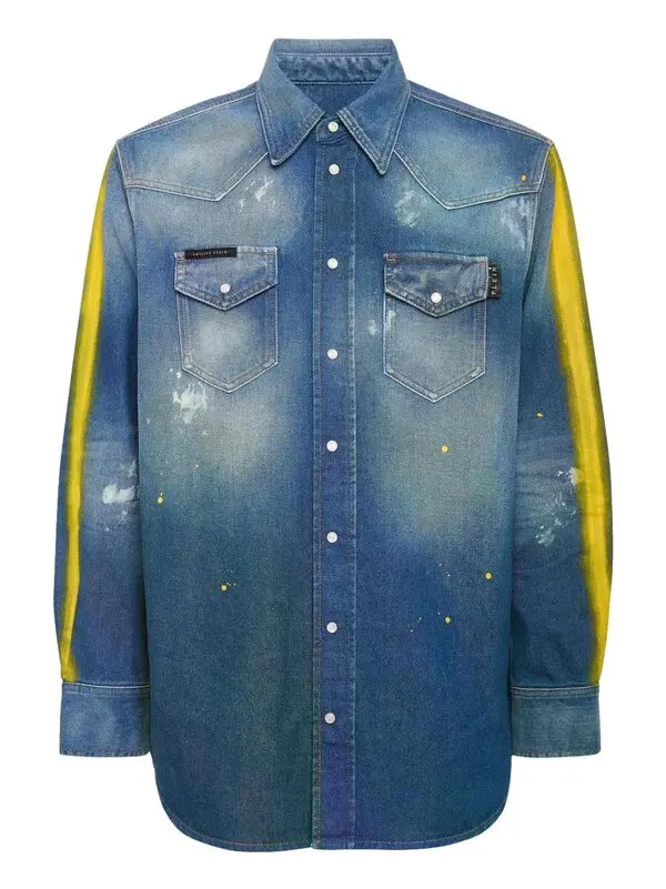 Philipp Plein Paint-splattered Denim Shirt - Blue