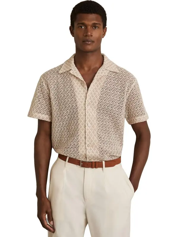 REISS Sterling Geometric-crochet Cuban-collar Shirt - Oatmeal