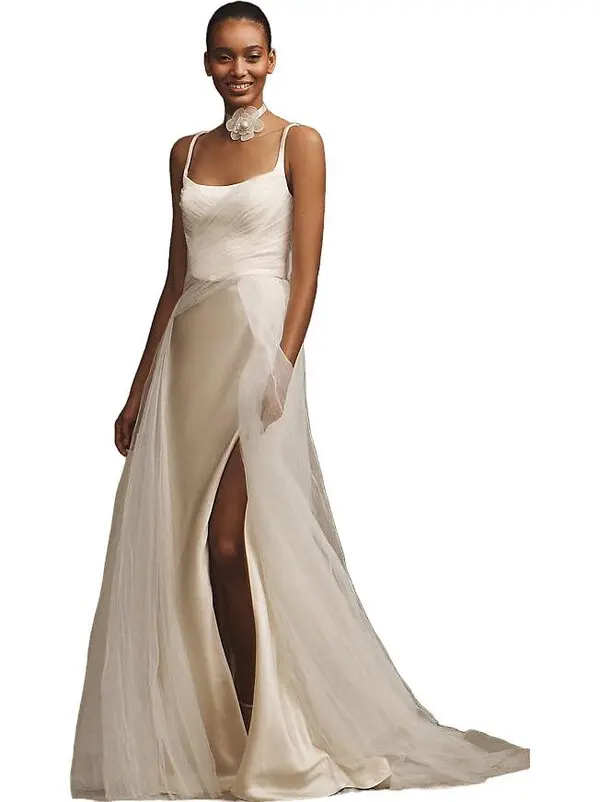 Watters Veronica Square-neck Chiffon-overlay A-line Wedding Gown - Antique Ivory