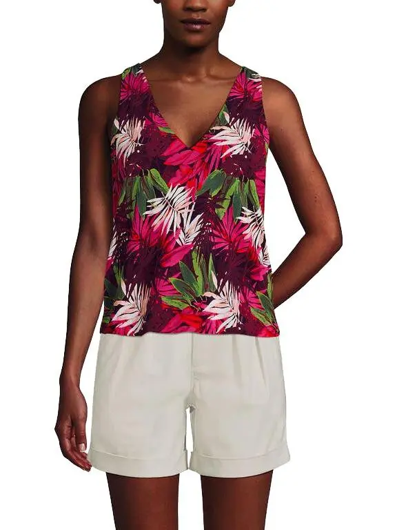 LANDS' END Lightweight Jersey Blouson V-neck Tank - Hot Pink Tropical Palm