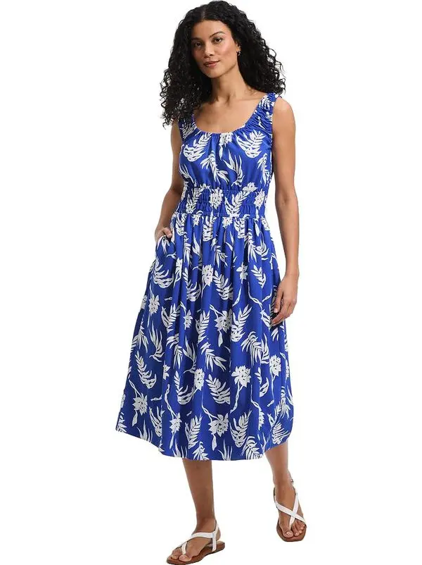 LANDS' END Sleeveless Poplin Smocked Midi Dress - Vibrant Lapis Tropic Floral