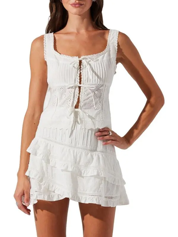 Astr The Label Kensley Embroidered Eyelet Cotton Tie Front Camisole - White
