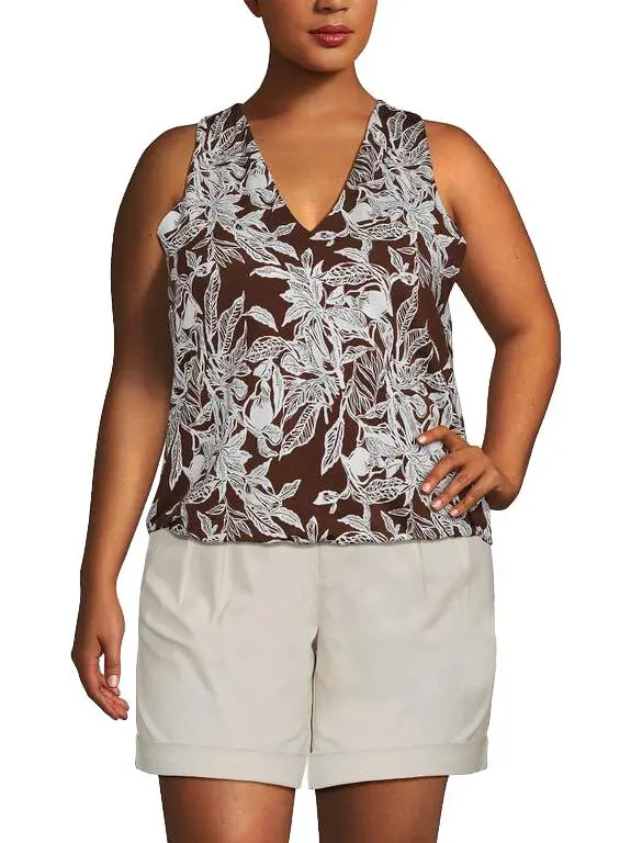 LANDS' END Lightweight Jersey Blouson V-neck Tank - Bark/vanilla Etched Leaves