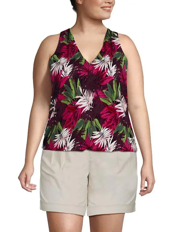 LANDS' END Lightweight Jersey Blouson V-neck Tank - Hot Pink Tropical Palm