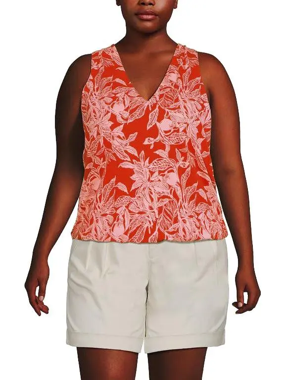 LANDS' END Lightweight Jersey Blouson V-neck Tank - Orange/peach Etched Leaves