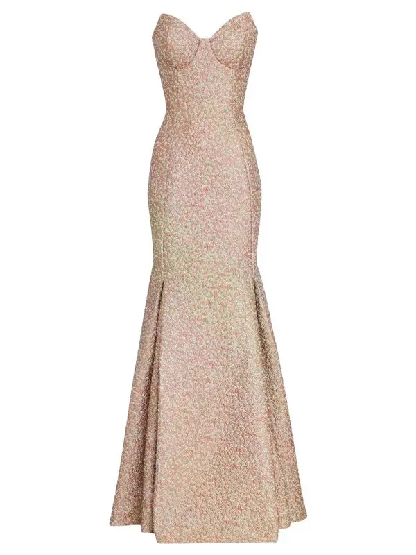 OLYMPIAH Strapless Jacquard Trumpet Dress - Gold