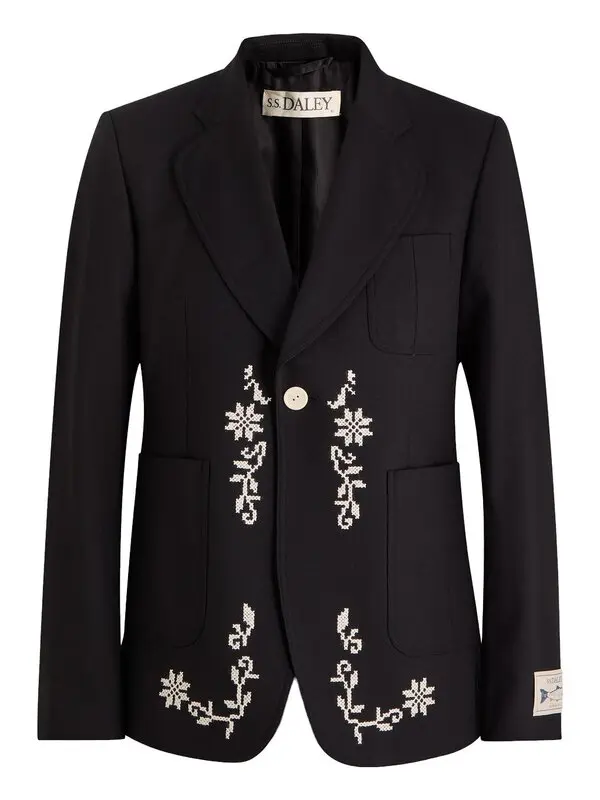 S.S.DALEY Albert Cross-stitch Embroidered Wool Blazer - Black