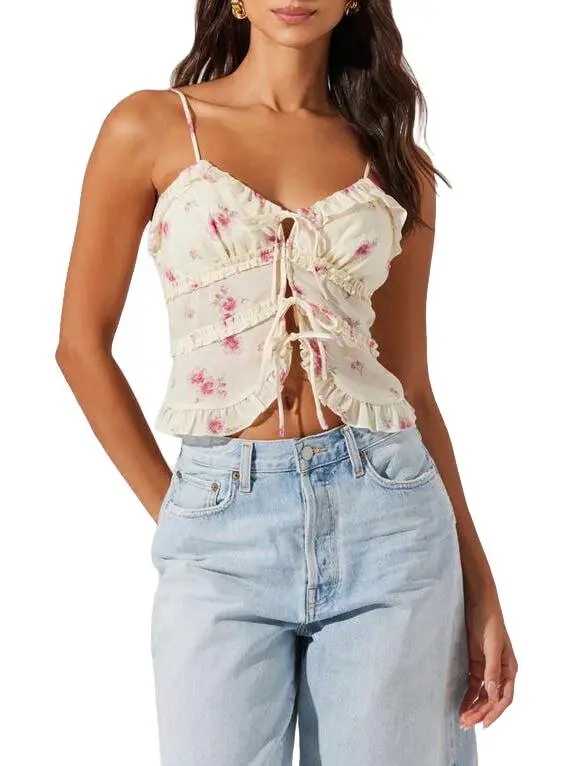 Astr The Label Islah Floral Ruffle Tie-front Crop Camisole - Ivory Pink Floral