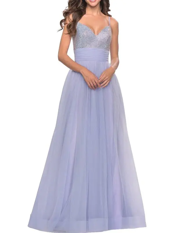 La Femme Tulle Gown With Rhinestone Bodice - Light Periwinkle