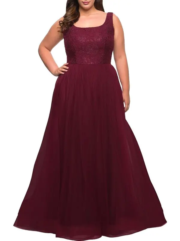 LABOMME A-line Tulle Gown With Lace Bodice - Dark Berry