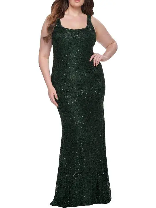LABOMME Beaded Lace Fitted Dress With Square Neckline - Emerald