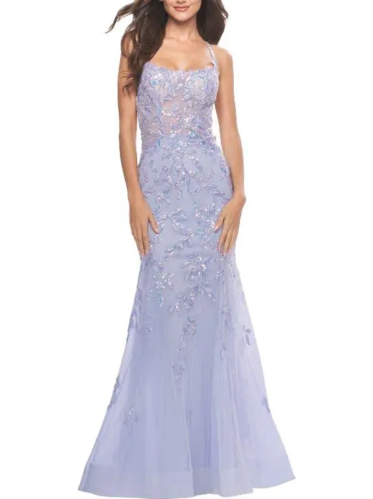 LABOMME Mermaid Tulle Gown With Sequin Lace Applique - Light Periwinkle