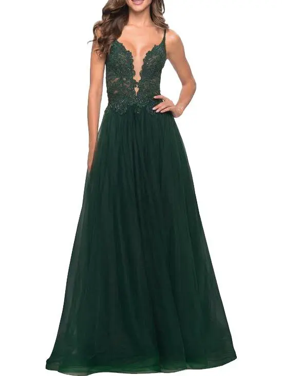 LABOMME Tulle A-line Gown With Lace Bodice - Dark Emerald