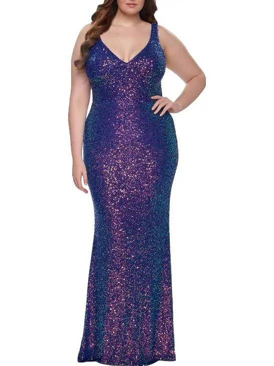 LABOMME Stretch Sequin Gown With V-neckline - Indigo