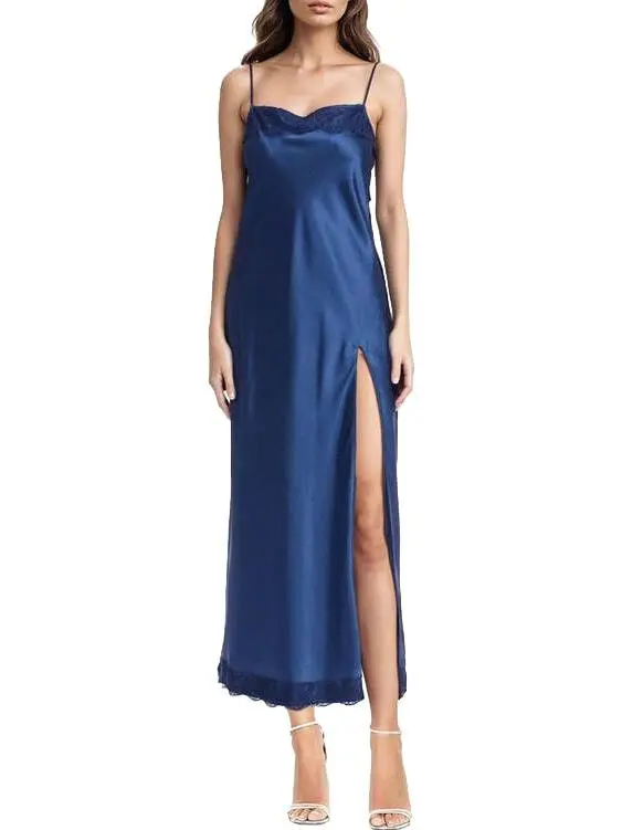 Badgley Mischka Lace Trim Maxi Slipdress - Midnight