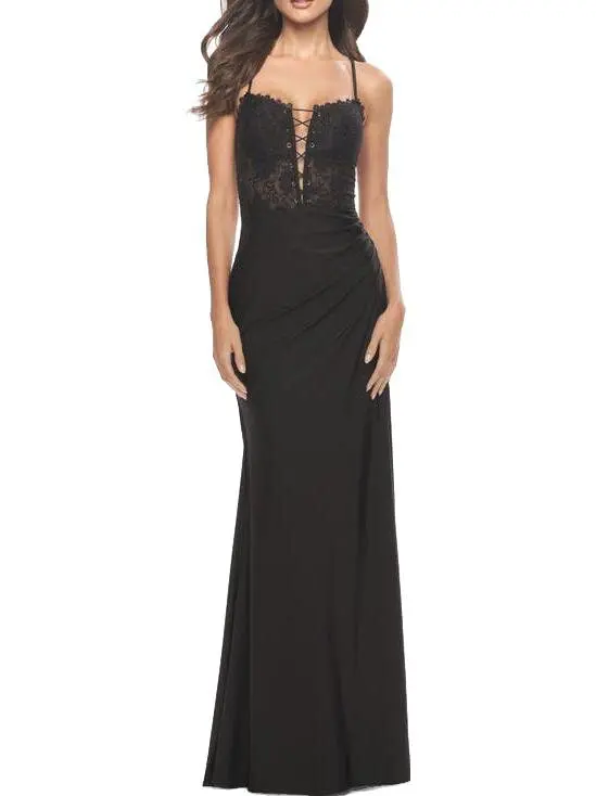 La Femme Lace Bodice Jersey Gown - Black