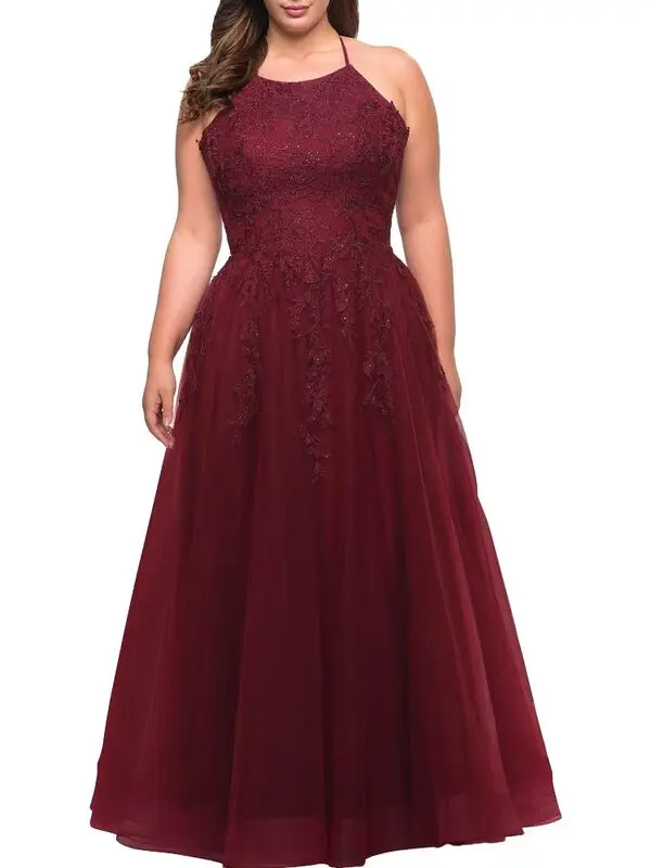 La Femme Tulle Gown With Lace Bodice - Wine