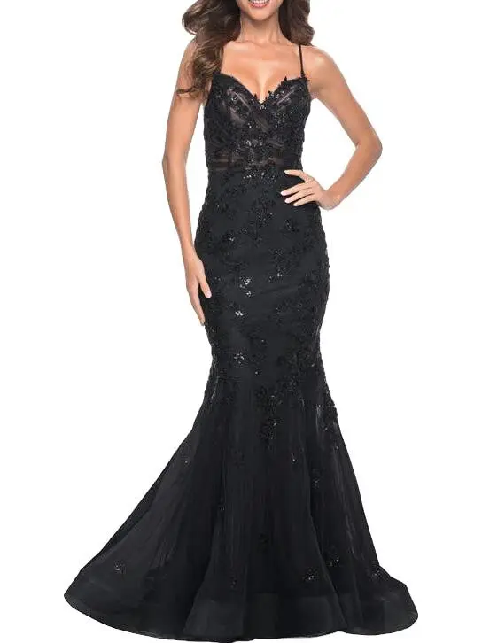 LABOMME Sequin Applique Mermaid Prom Gown - Black